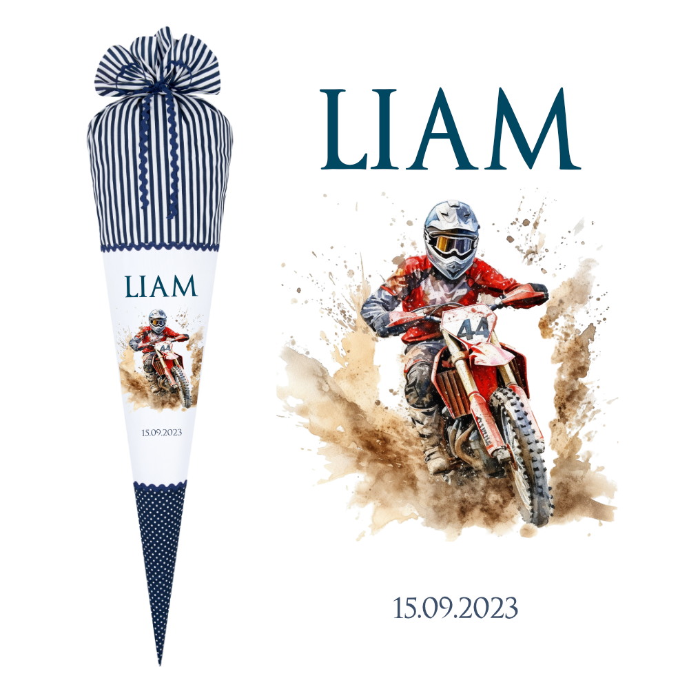 Motorrad Stoff Schultüte m. Namen für Jungen Einschulung – Manufaktur Liebevoll